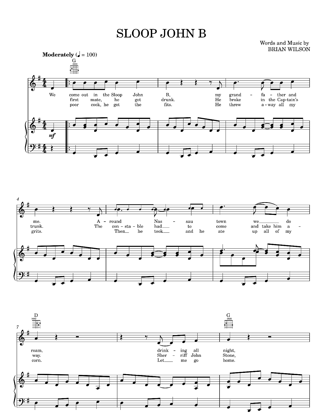 Sloop John B by The Beach Boys Sheet Music - Meta-chords